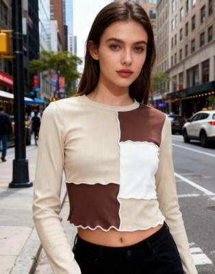China Women's Geometric Patchwork Long-Sleeve Crop Top for sale