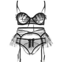 China Women's Black Lace 3-Piece Lingerie Set with Garter Belt for sale