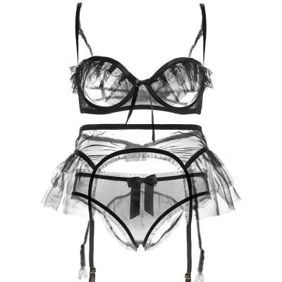 China Women's Black Lace 3-Piece Lingerie Set with Garter Belt for sale