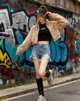 China Women's 3-Color Faux Fur Cropped Jacket Stand Collar Zip Up Coat for sale