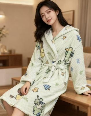 China Women's Cute Lion Print Hooded Waffle Fleece Bathrobe for sale