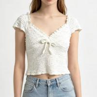 China Women's Summer Crinkle Texture V Neck Crop Top Ruffle Cap Sleeve Slim Fit Blouse for sale