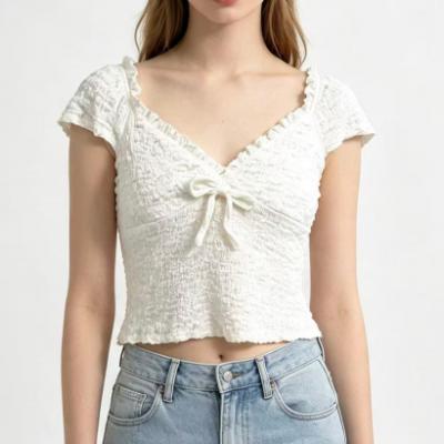 China Women's Summer Crinkle Texture V Neck Crop Top Ruffle Cap Sleeve Slim Fit Blouse for sale