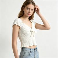 China Women's Summer Crinkle Texture V Neck Crop Top Ruffle Cap Sleeve Slim Fit Blouse for sale