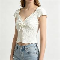 China Women's Summer Crinkle Texture V Neck Crop Top Ruffle Cap Sleeve Slim Fit Blouse for sale
