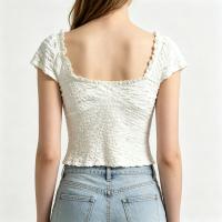China Women's Summer Crinkle Texture V Neck Crop Top Ruffle Cap Sleeve Slim Fit Blouse for sale