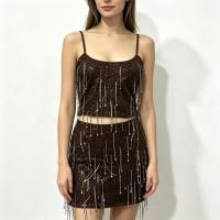 China Women's Brown Sequin Fringe Cami Top And Mini Skirt Party Two Piece Set for sale