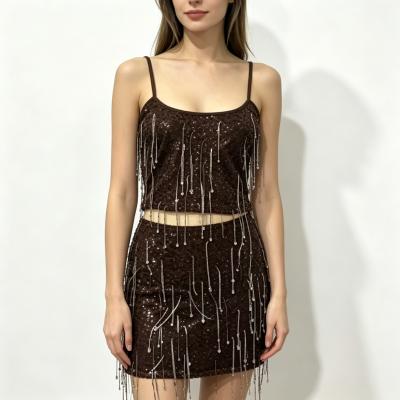 China Women's Brown Sequin Fringe Cami Top And Mini Skirt Party Two Piece Set for sale