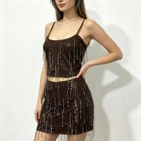 China Women's Brown Sequin Fringe Cami Top And Mini Skirt Party Two Piece Set for sale