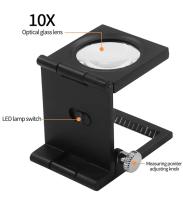China LED Lighting 10X Metal Folding Magnifier Foldable Desktop Textile Linen Tester with Metric Scale Product Type Magnifiers for sale