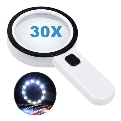 China 30x Portable High Power Handheld Magnifying Glass With 12 Led Light Double Glass Lens Jumbo Illuminated Magnifier Glasses for sale