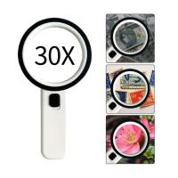China Portable Simple12 LED Light Lamp 30X Handheld Large Brass Magnifier Lens Magnifying Glass with Stand for Inspection for sale