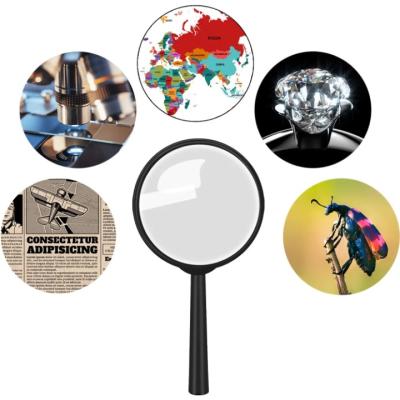 China Custom Printed Wholesale Cheap 5x 60/70/80/90/100 mm Handheld Glass Lens Black Magnifying Glass for Reading for sale