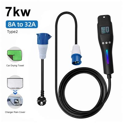 China 7kW Mode 2 Type 2 Portable EV Charger with 3pin 32A EU Industrial Plug for sale