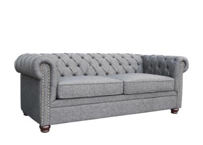 China 210cm Three Seater Fabric Chesterfield Sofa Grey Tufted Buttons Nails Foam Padded for sale