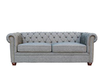 China Chesterfield Three Seater Fabric Sofa Classic Buttons Timber Legs 210 cm Width Grey for sale