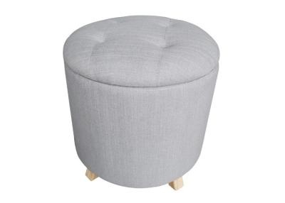 China Fabric Storage Foot Stool Ottoman Light Grey 45cm Round Wood Legs Button Tufted for sale