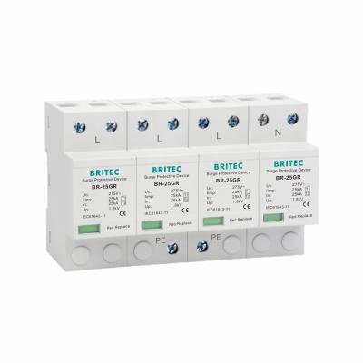 China 25kA T1 Surge Protector Iimp 4P BRITEC Lightning Protection Surge Arrester 275V for sale