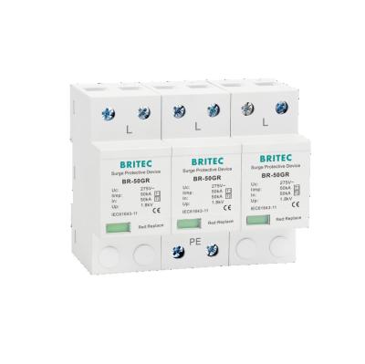 China BRITEC BR-50GR 275V 3P Type 1 Surge Protective Device 50kA 4P Lightning Arrester T1 T2 for sale