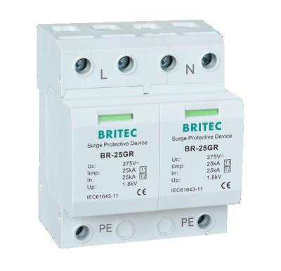 China BRITEC BR-25GR 2P Type 1 Surge Protection Device 25kA 275V AC Low Voltage Lightning Arrester SPD T1 for sale