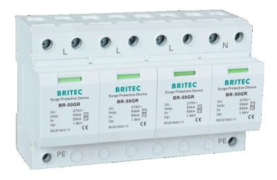 China BR-50GR 4P Type 1 Surge Protection Device 385V 50kA Lightning Arrester SPD for sale