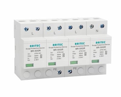 China BR-50GR 4P AC 385V Surge Protection Device with 50KA Lightning Protection and 4P Configuration Three Phase T1/2/3 Lightning and surge arrester for sale