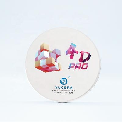 China Yucera 4D PRO Multilayer Zirconia Blocks Dental Lab CAD CAM Milling Material 43%-57% Translucency 700-1200MPa Strength for sale