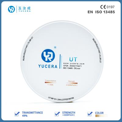 China Yucera UT White 98mm Dental Zirconia Block with 600MPa Bending Strength and 49% Transmittance for Dental Lab Applications for sale