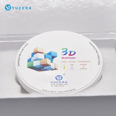China Yucera Dental Lab CAD CAM 3D Multilayer Pre Shaded Zirconia Block with 600MPa-900MPa Bending Strength and 43%-49% Transmittance for Dental Applications for sale