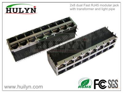China 2X8 Fast Stacked RJ45 Jack With transformer and light-pipe LEDs for sale