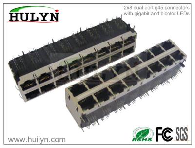 China 2X8 Stacked RJ45 Jack With  Gigabit transformer and bicolor LEDs for sale