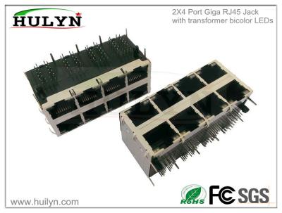 China 2X4 Gigabit Stacked RJ45 Jack With  transformer and bicolor LEDs for sale