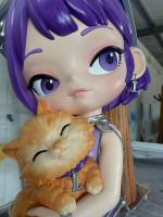 China Custom Purple Hair Cartoon Girl FRP Sculpture Holding Cat for Shopping Mall Decoration for sale