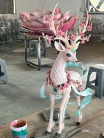 China Custom Fiberglass Sculpture Pink Deer Animal Statue with Lotus Flower Chinese Style Decoration for sale