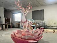 China Custom Fiberglass Sculpture Pink Deer Animal Statue with Lotus Flower Chinese Style Decoration for sale