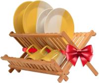 China Compact Collapsible Wooden Plate Rack Kitchen Bamboo Dish Drying Rack for sale