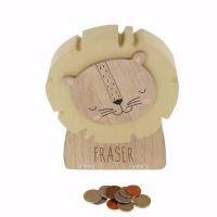 China Personalised Engraved Lion Money Box Bank Kids Savings Pocket Money Piggy Bank  Wooden Animal Money Box Gift for Babies for sale