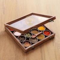 China Wooden Handcrafted Spice Box with 16 Round Compartments & Spoon, Wood Spice Box Set  Mother's Day Gift for sale