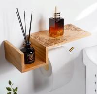 China Wood Toilet Paper Holder Wooden Toilet Paper Holder with Macrame Style Phone Holder Easy Storage Wall Shelf for sale