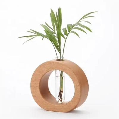 China Exquisite Nordic style table stand glass test tube vase wooden hydroponic plant holder for sale