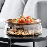 China Creative Glass Bowl with Wood Plate Fruit Nut Dried Storage Boxes Container Fruit Tray with Wooden Lid for Home Kitchen Office for sale