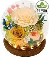 China Customized Wooden Base Eternal Rose Preserved Rose in Beautiful Creative Design Strong Glass Dome Gift for sale