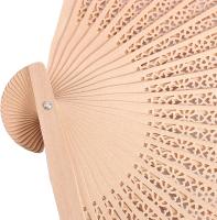 China Custom Chinese Carved Folding Fragrance Wood Hand Fan Hotel Wedding Fan for sale
