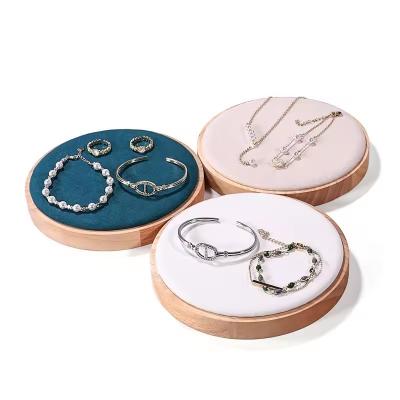 China Flat Round Wood Pesentation Jewelry Bracelets Display Tray, Covered with Microfiber for sale