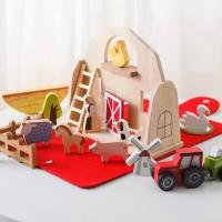 China Classic Barn Play Set - Wooden Farm Toys For Toddlers - Farm Animals - Farmer's Barn With Carry Handle for sale