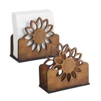 China New Creative Sunflower Carved Solid Wood Napkin Holder Stylish Wooden Tissue Dispenser for Restaurant Table Decoration for sale