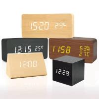 China Custom Modern MDF Wooded LED Alarm Digital Desk Clock Thermometer Classical Smart Clock for sale