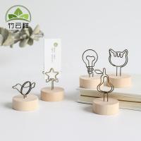 China Wooden Base Place Card Holders Rustic Iron Wire Picture Picks Clip Party Decoration Card Holders Picture Memo Note Photo Clip for sale