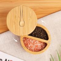 China Bamboo Salt Keeper Duet Salt and Pepper Bowl, Salt Cellar and Storage Box with Two Compartments, Mini Spoon Built Into Top for sale