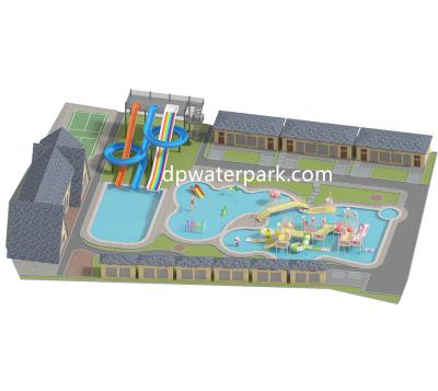 China Hotel Aqua Park Design Fiberglass Water Play Equipment  Customized Resort Water Park Slides With Kids Play House for sale